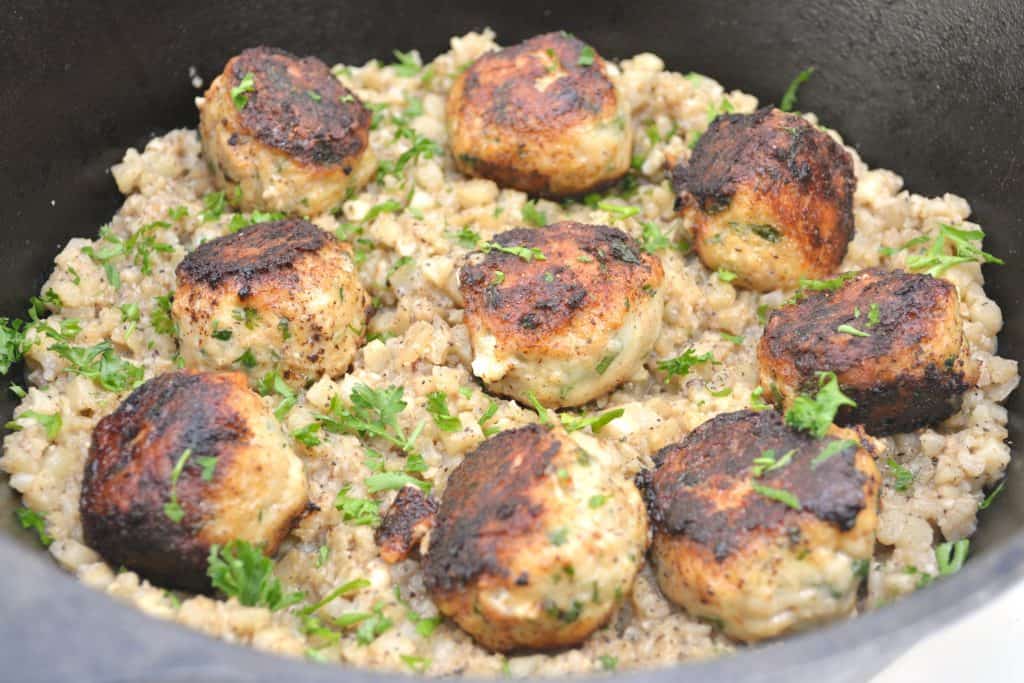 Cheesy Stuffed Turkey Meatballs with Easy Cauliflower Rice