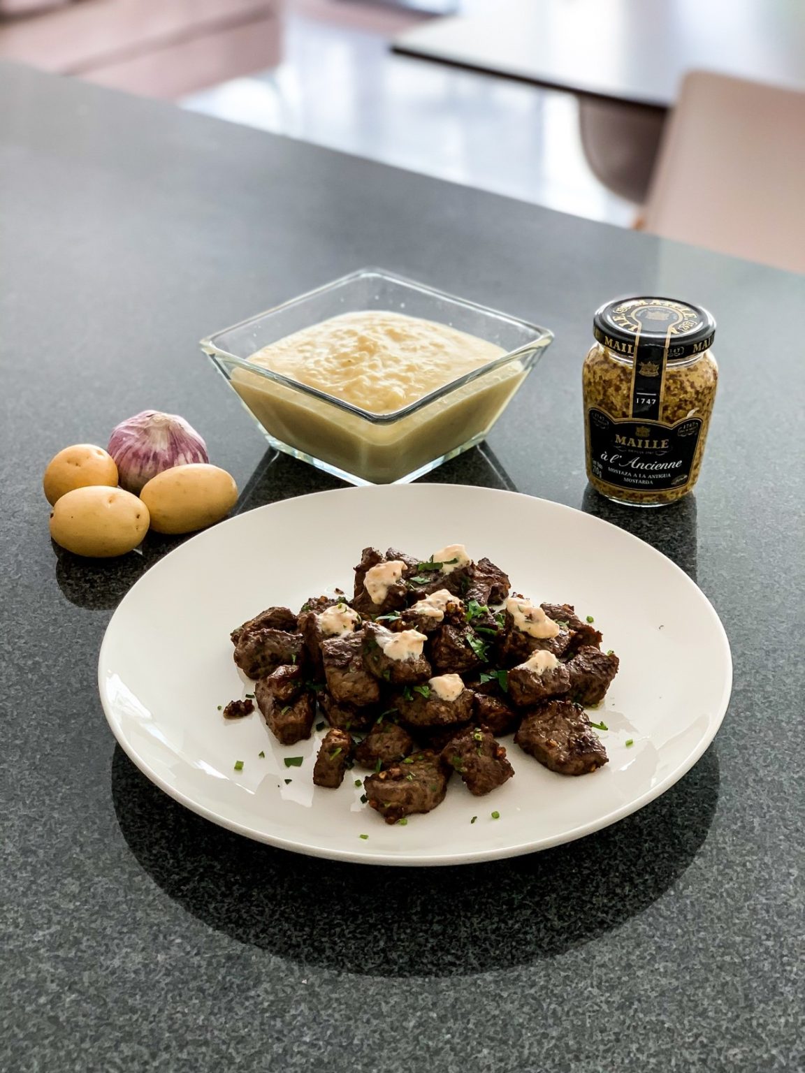 Steak Bites with Garlic Butter & Mustard Dipping Sauce - Sweet Pea's ...