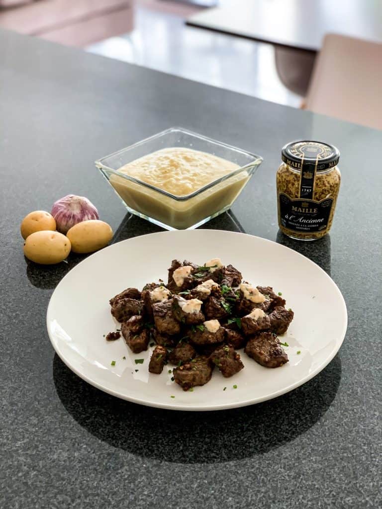 Steak Bites with Garlic Butter & Mustard Dipping Sauce - Sweet Pea's ...